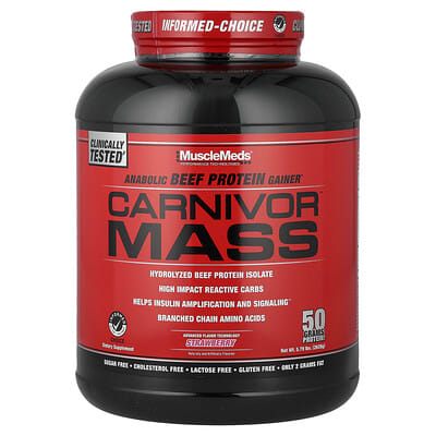 MuscleMeds, Carnivor™ Mass, Anabolic Beef Protein Gainer, Strawberry ...